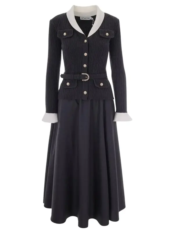 SELF-PORTRAIT Contrast Collar Belted Knit Midi Dress - Grey