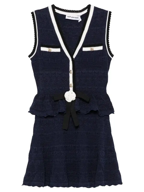SELF-PORTRAIT Sleeveless Knit V-neck Mini Dress With Button Front And Belted Waist - Navy