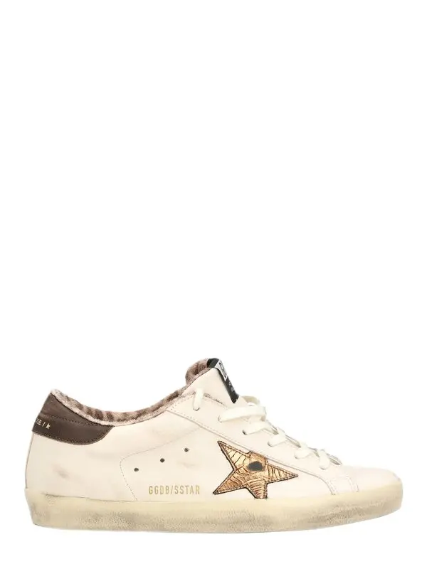 GOLDEN GOOSE Vintage Treated Leather Sneakers With Leopard Terry Lining - Bianco