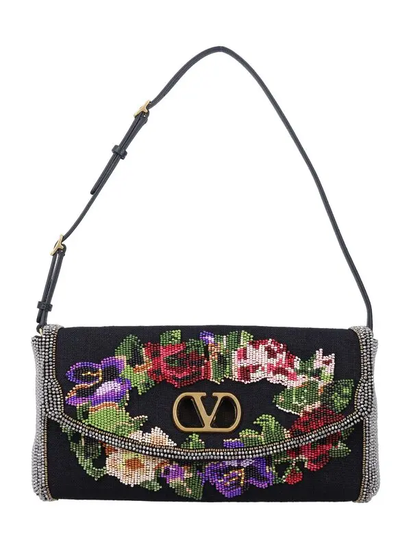 Valentino Garavani Beaded Floral Shoulder Bag With Crystal Trim - Nero