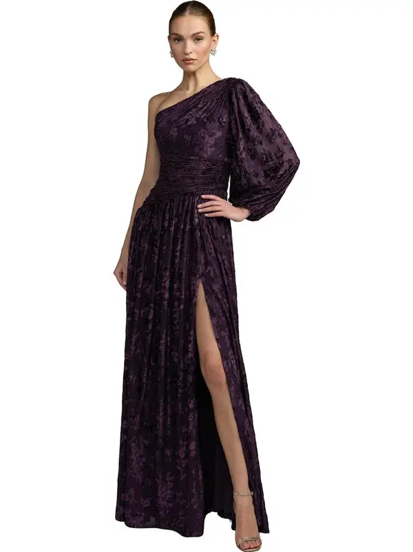 Mac Duggal One Shoulder Draped Sleeve Burnout Velvet Gown - Amethyst