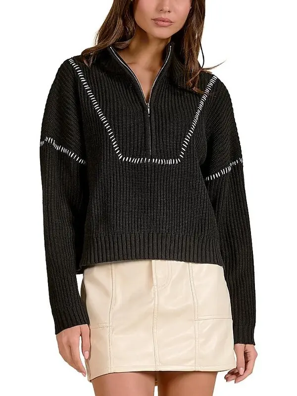 Elan Contrast Stitch Quarter Zip Sweater - Black