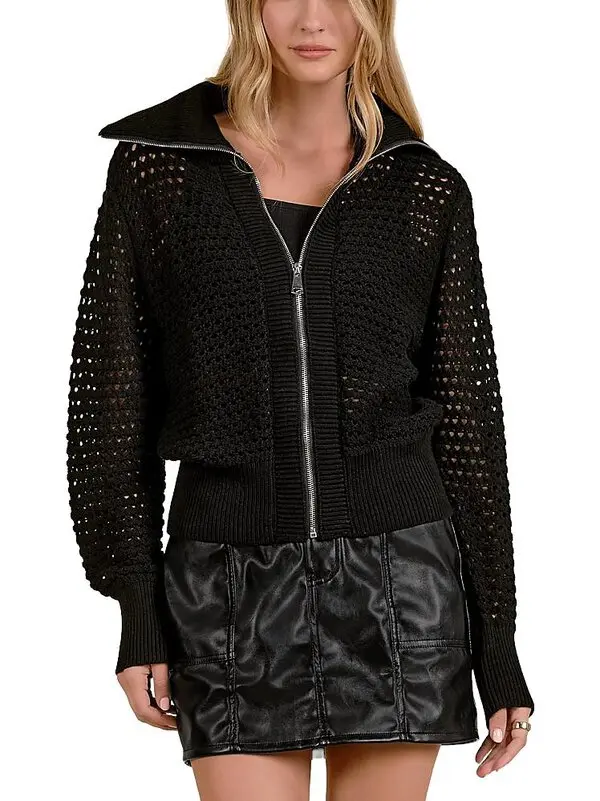 Elan Cotton Zip Front Knit Cardigan - Black