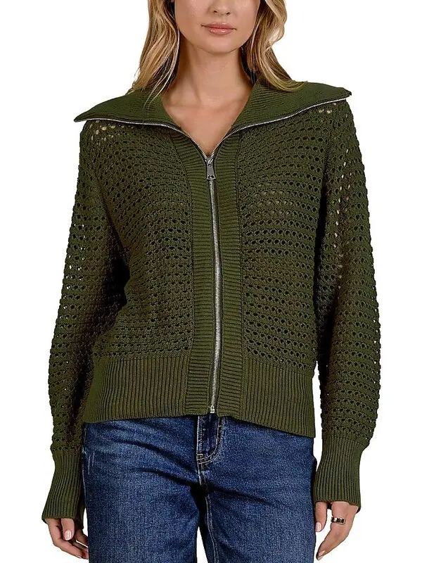 Elan Cotton Zip Front Knit Cardigan - Olive