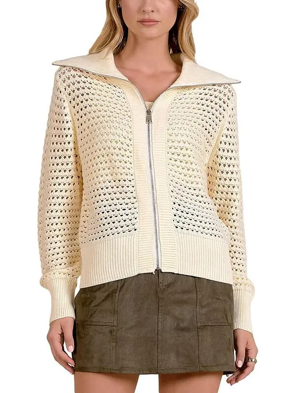 Elan Cotton Zip Front Knit Cardigan With Shawl Collar - Stone