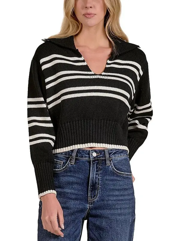 Elan Cotton Striped Collared V-neck Sweater - Black Stripe