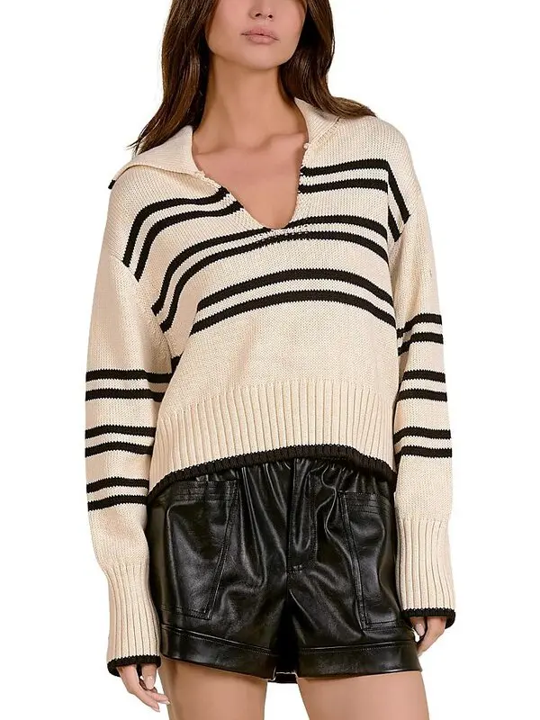 Elan Cotton Collared V-neck Striped Sweater - White Stripe