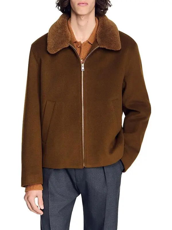 Sandro Wool Blend Aviator Jacket With Shearling Collar - Camel
