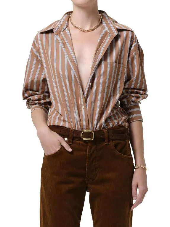 Citizens Of Humanity Thea Striped Boyfriend Shirt - Copper Stripe Organic Brown