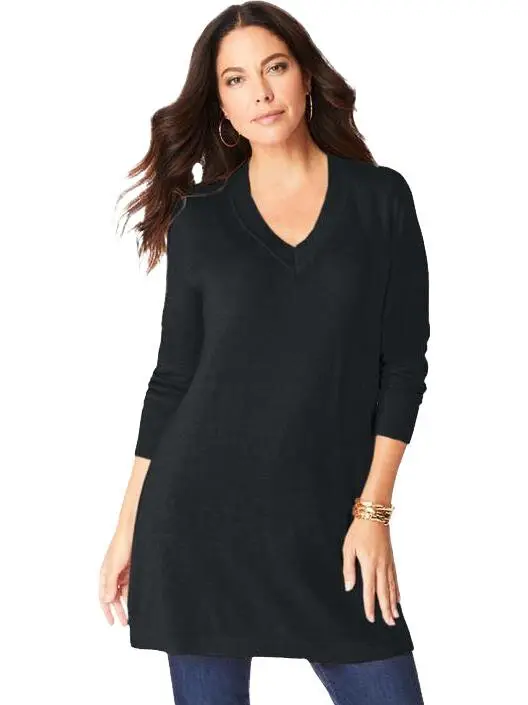 Roaman's Cashmere-blend V-neck Sweater - Black