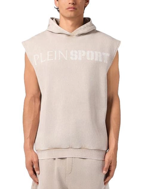 PLEIN SPORT Sleeveless Hoodie Vest With Crackle Scratch Detailing - Beige