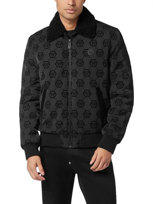 Philipp Plein Monogram Aviator Bomber With Shearling Collar - Black