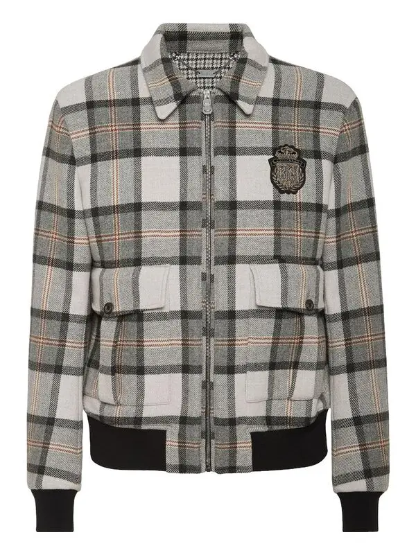 BILLIONAIRE Wool Check Jacket With Embroidered Crest - Beige