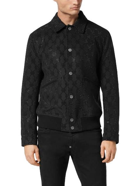 Philipp Plein Wool Bomber Jacket With All-over Rhinestone Monogram - Black/black