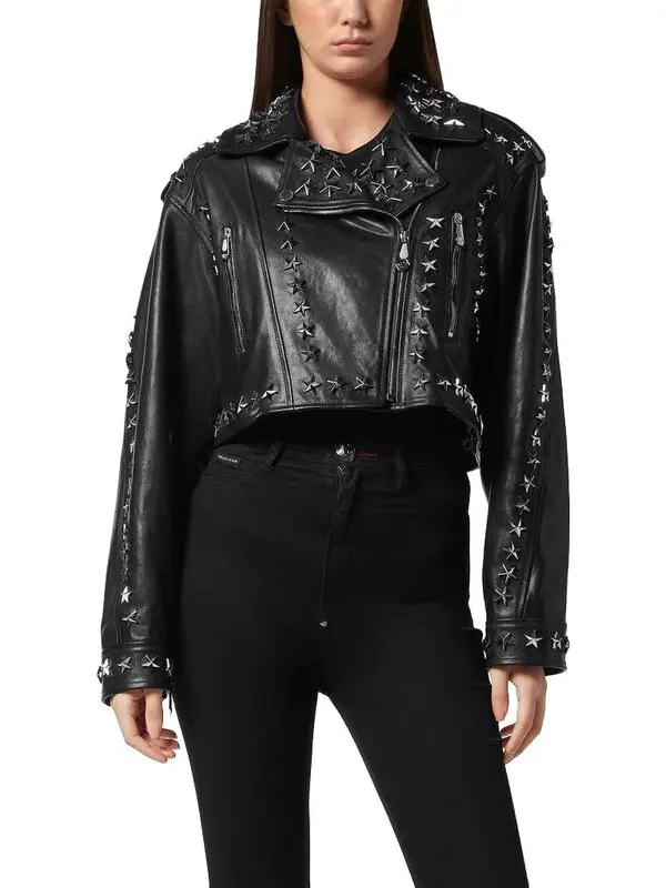 Philipp Plein Leather Star Studded Biker Jacket - Black