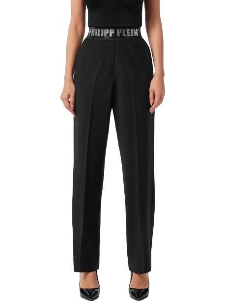 Philipp Plein Wool Trousers With Crystal Embellished Elastic Waistband - Black