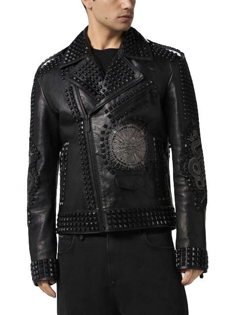 Philipp Plein Vintage Leather Biker Jacket With Tattoo Patches And Studs - Black