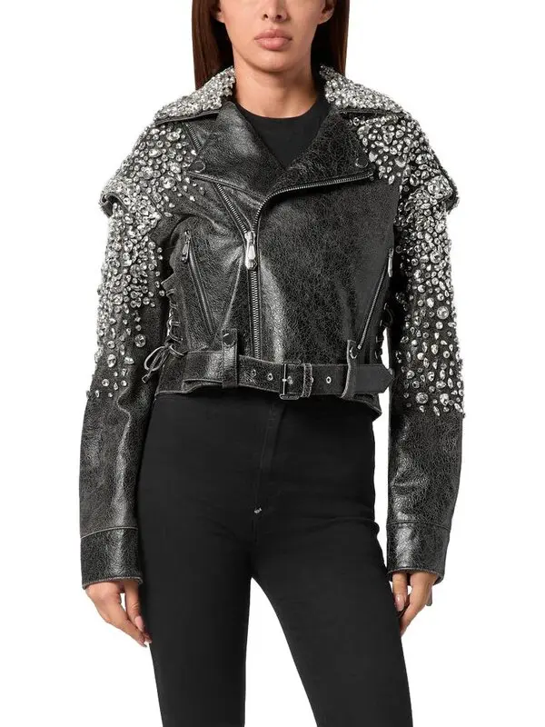 Philipp Plein Cropped Embellished Leather Biker Jacket - Black