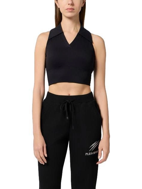 PLEIN SPORT Cropped Polo Neck Top - Black