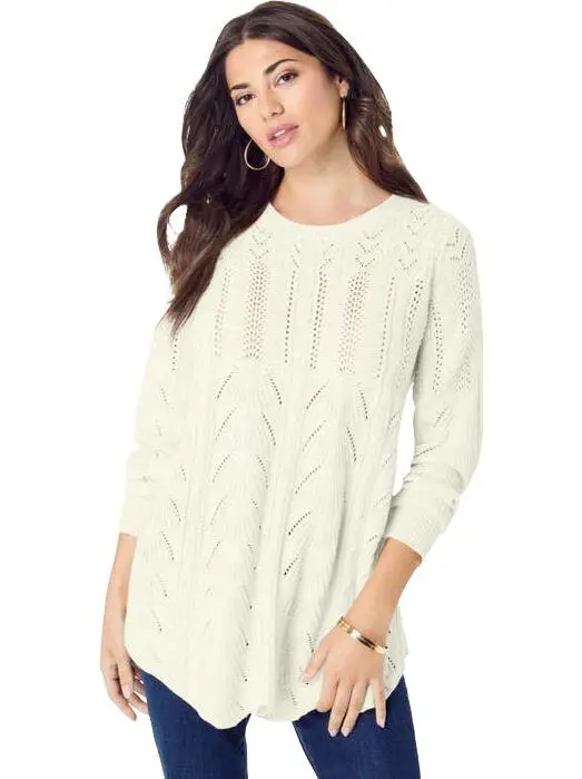 Roaman's Scallop Hem Pointelle Sweater - Ivory