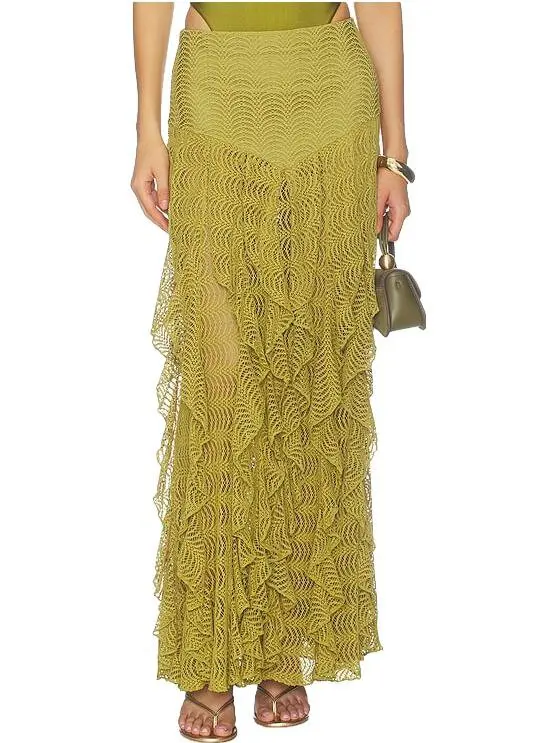 PatBO Petal Sheen Mesh Maxi Skirt - Green