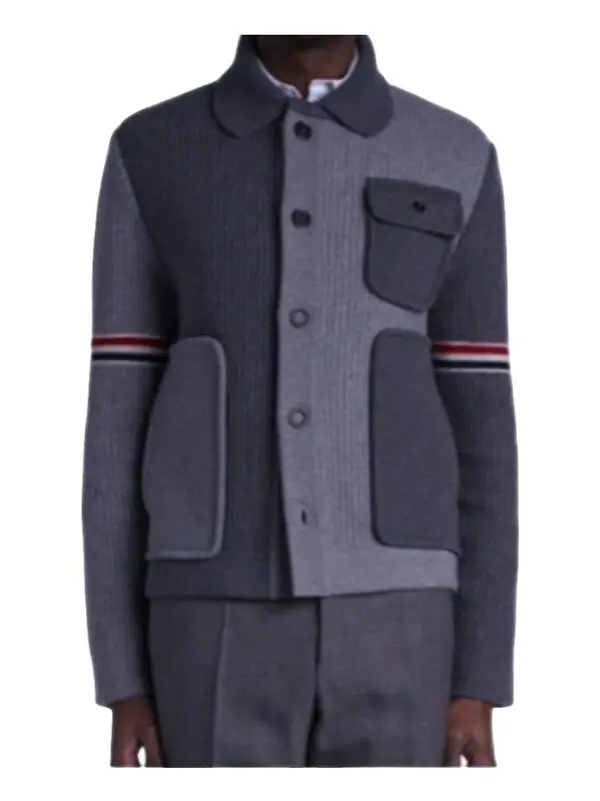 Thom Browne Long-sleeved Knitted Cardigan With Four Bar Stripes - Light Gray