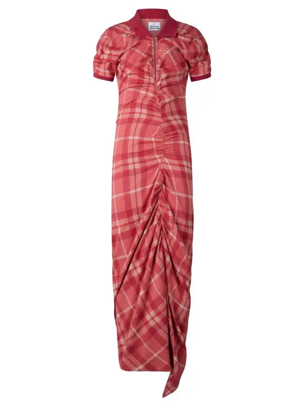 VIVIENNE WESTWOOD Plaid Polo Puff Sleeve Ruched Maxi Dress - Red