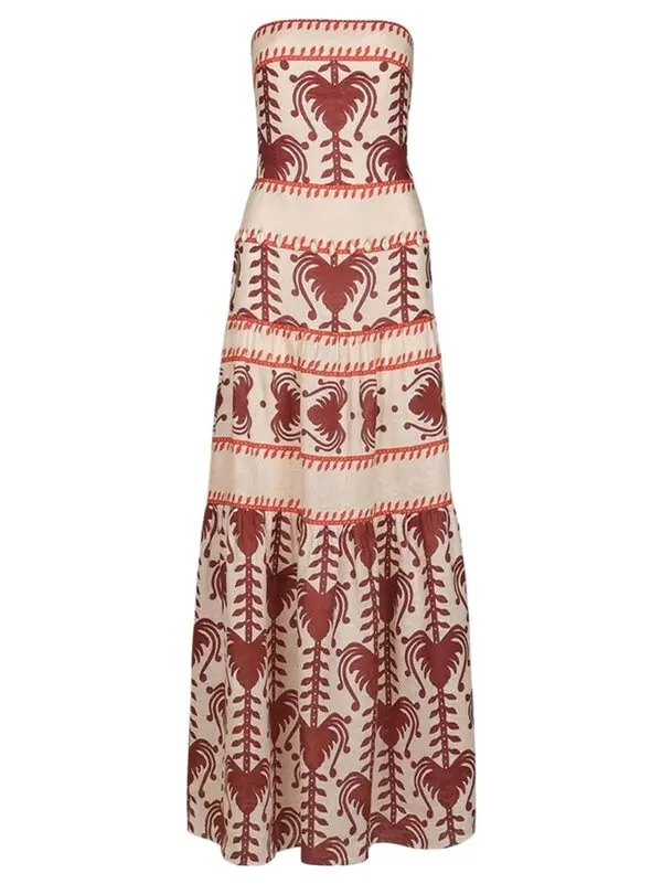 Johanna Ortiz Strapless Botanical Print Tiered Maxi Dress - Nude