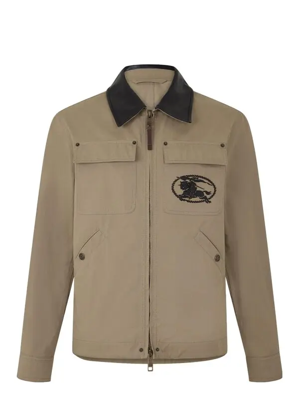 Burberry Khaki Cotton Field Jacket With Leather Collar And Embroidered Badge - Brown