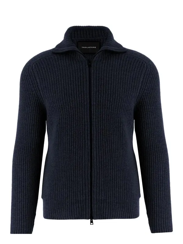 Tagliatore Ribbed-knit Zip-up Sweater - Navy Blue