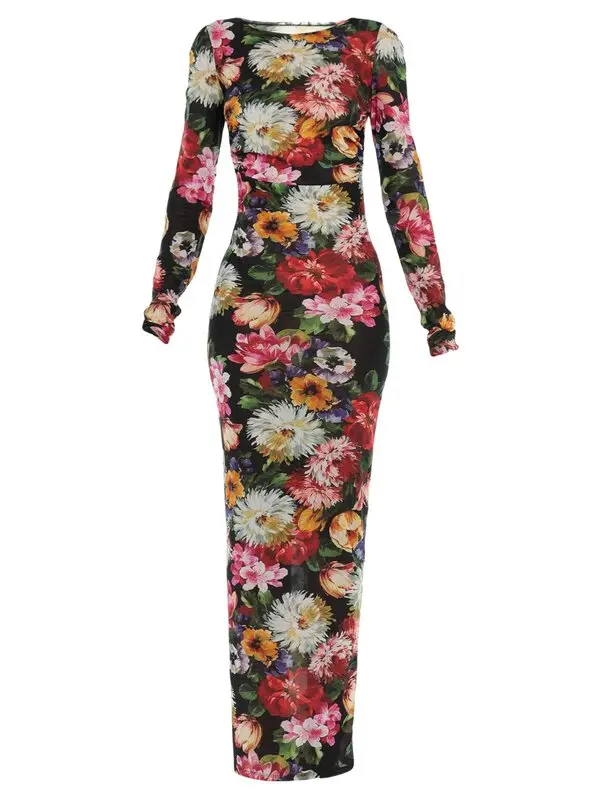 Dolce & Gabbana Floral Print Long Sleeve Maxi Dress - Black
