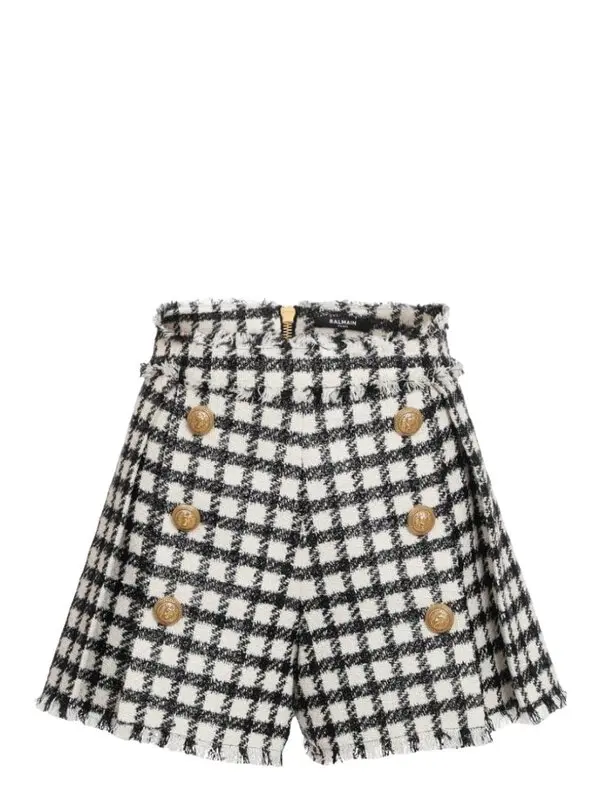 Balmain Checked Tweed Shorts With Button Detailing - Black