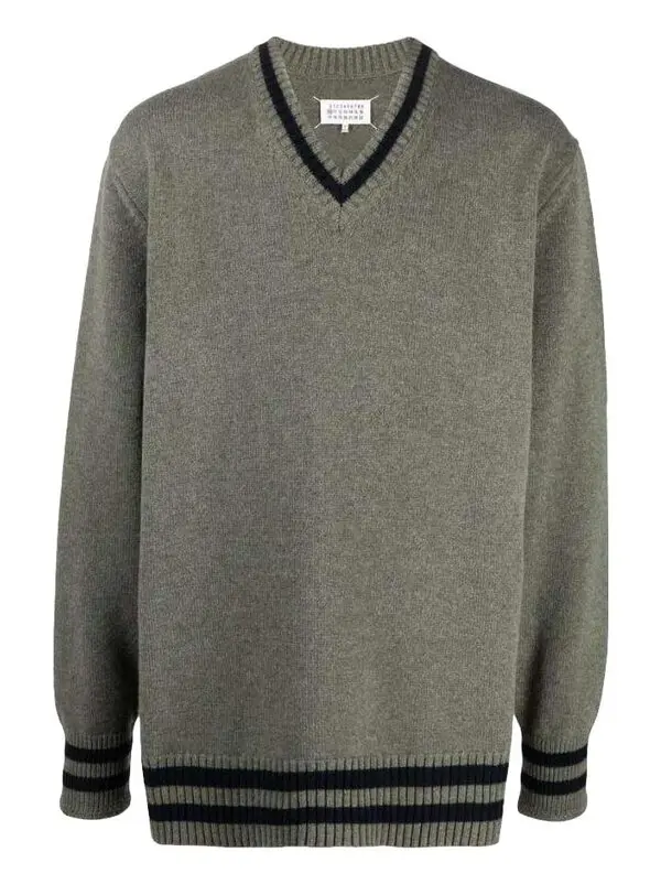 MAISON MARGIELA Striped Detail V-neck Jumper - Green