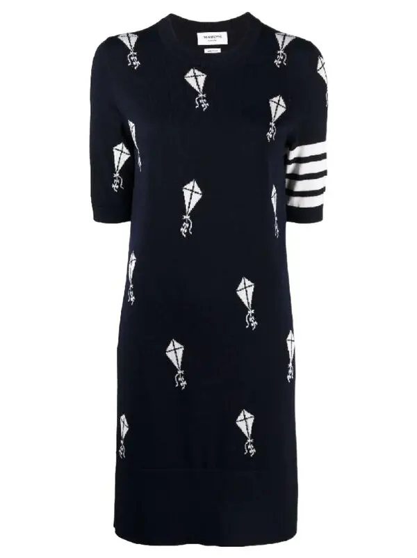 Thom Browne 4-bar Striped Knitted Dress - Navy Blue