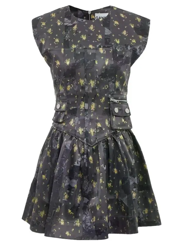 GANNI Floral Print Pocket Detail Dress - Grey