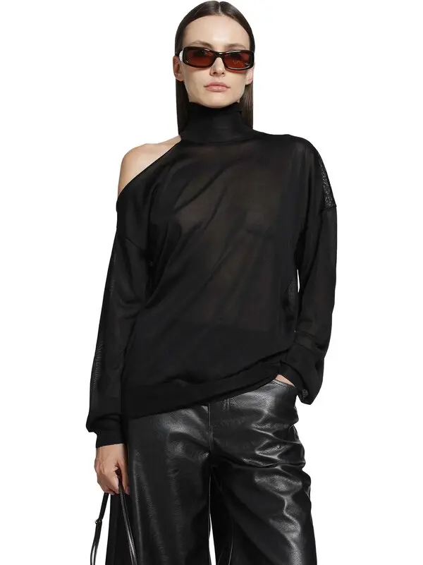 Fendi Sheer Cut-out Turtleneck Long Sleeve Top - Black