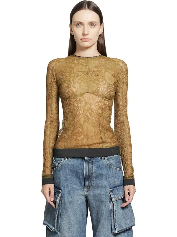 Attico Floral Lace Long Sleeve Top - Brown