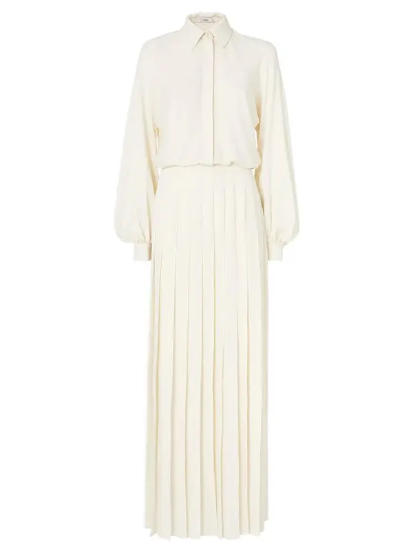 Fendi Silk Crepe Maxi Shirt Dress With Pleated Skirt - White