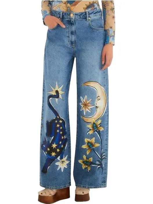 Farm Rio Star Moon Print Wide Leg Jeans - Blue