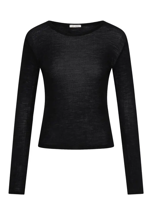 ST. AGNI Long-sleeved Ribbed Knit Top - Black