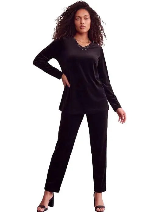 Roaman's Two Piece V Neck Velour Set - Black