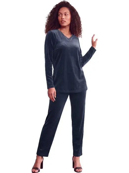 Roaman's Two Piece V Neck Velour Set - Navy