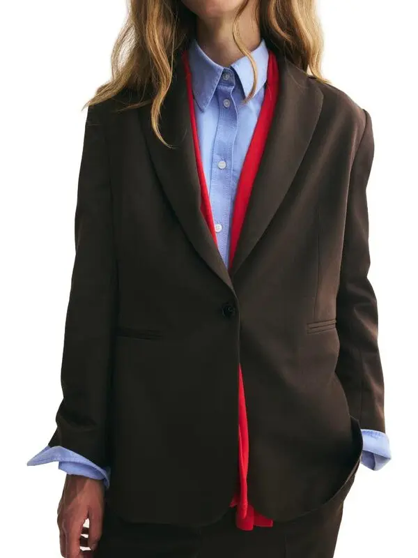 H&M Long Single-breasted Twill Blazer - Dark Brown