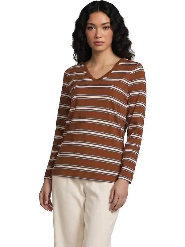 LANDS' END Supima Cotton Long Sleeve V-neck T-shirt - Clear Blue Sky/brown Stripe