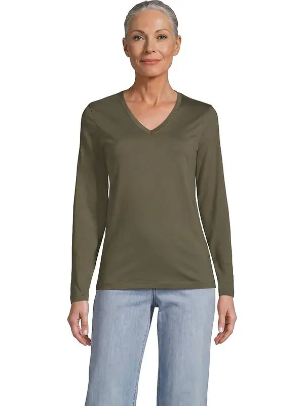 LANDS' END Cotton Long Sleeve V-neck T-shirt - Forest Moss