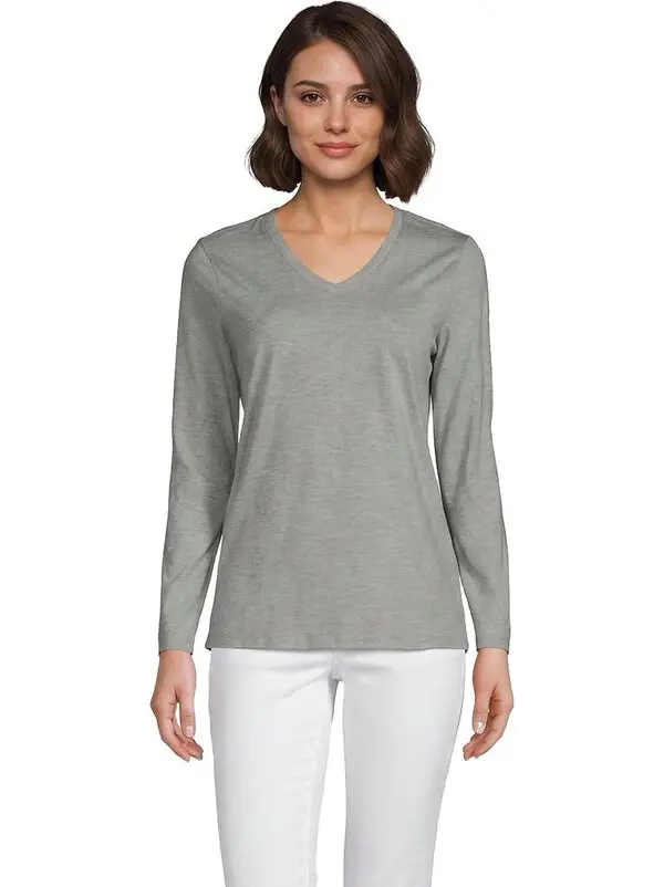 LANDS' END Cotton Long Sleeve V-neck T-shirt - Gray Heather
