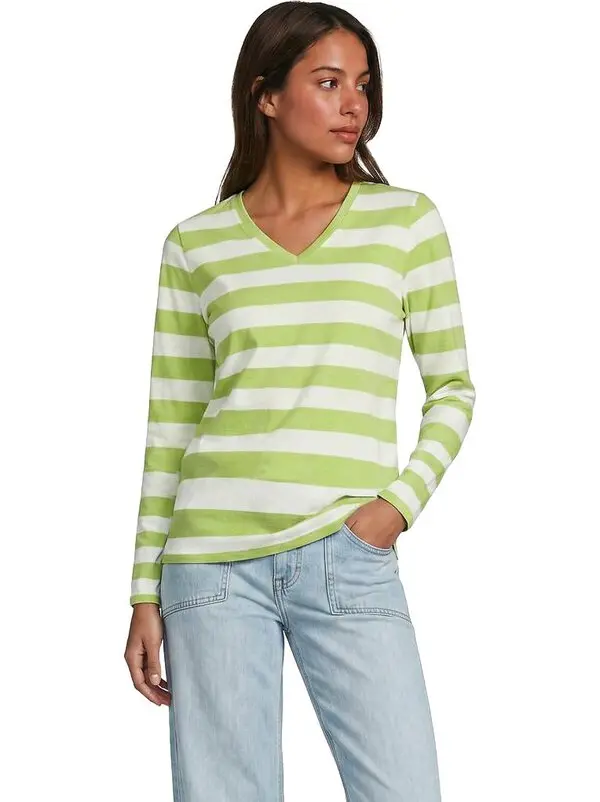 LANDS' END Supima Cotton Long Sleeve V-neck T-shirt - Ivory/apple Green Bold Stripe