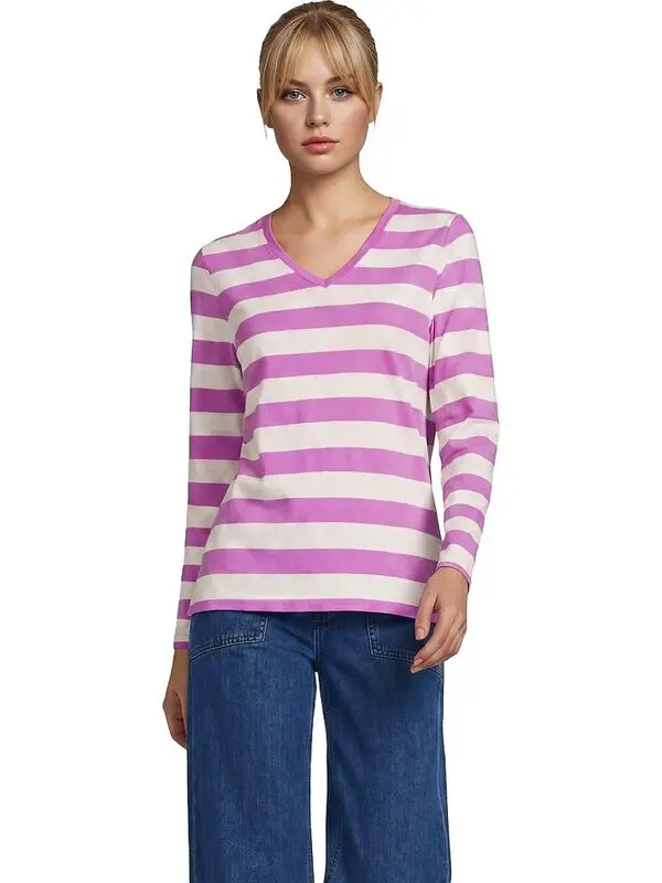 LANDS' END Cotton Long Sleeve V-neck T-shirt - Ivory/aster Pink Bold Stripe