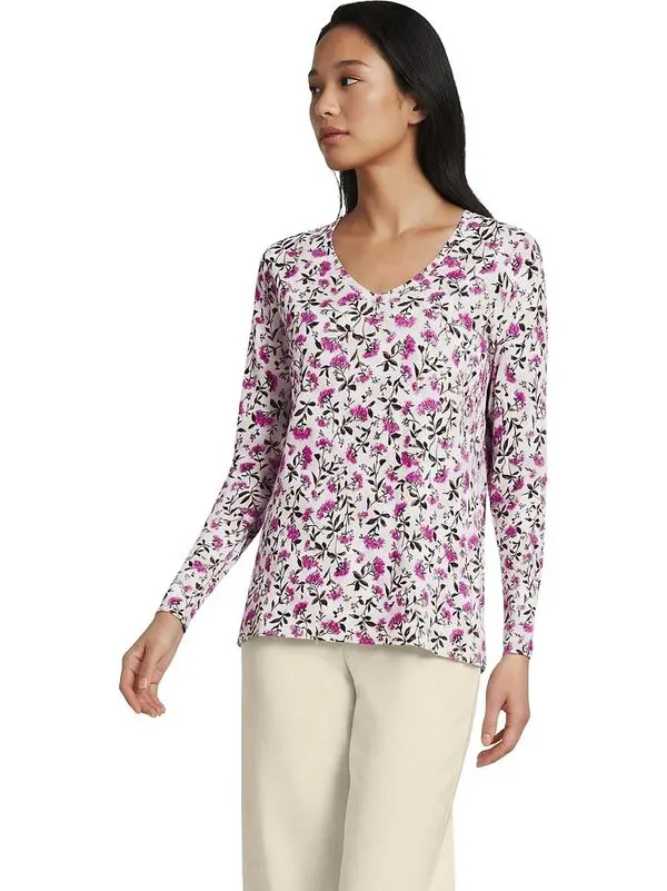 LANDS' END Cotton Long Sleeve V-neck T-shirt - Ivory/pink Hydrangea