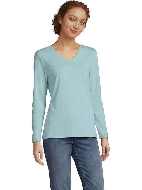 LANDS' END Cotton Long Sleeve V-neck T-shirt - Light Seagrass